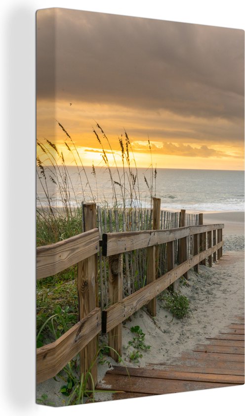 Canvas Schilderij Strand - Hek - Zonsondergang - Zee - Duin - 20x30 cm - Muurdecoratie | bol