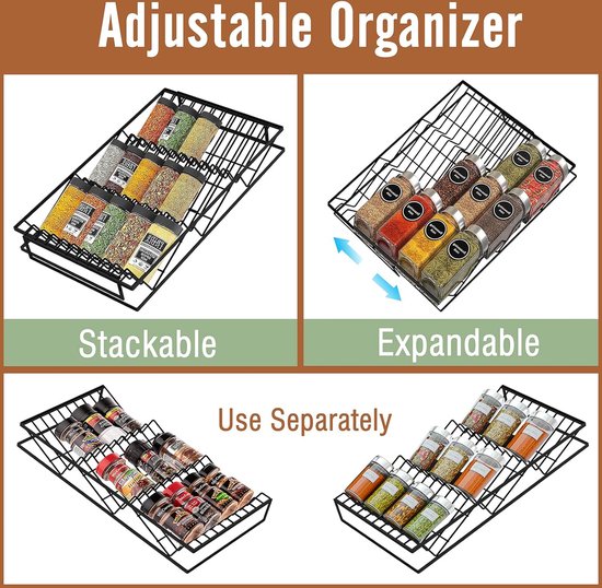 Pack of 2 Spice Rack Drawer Made of Metal, Expandable Spice Organiser ...
