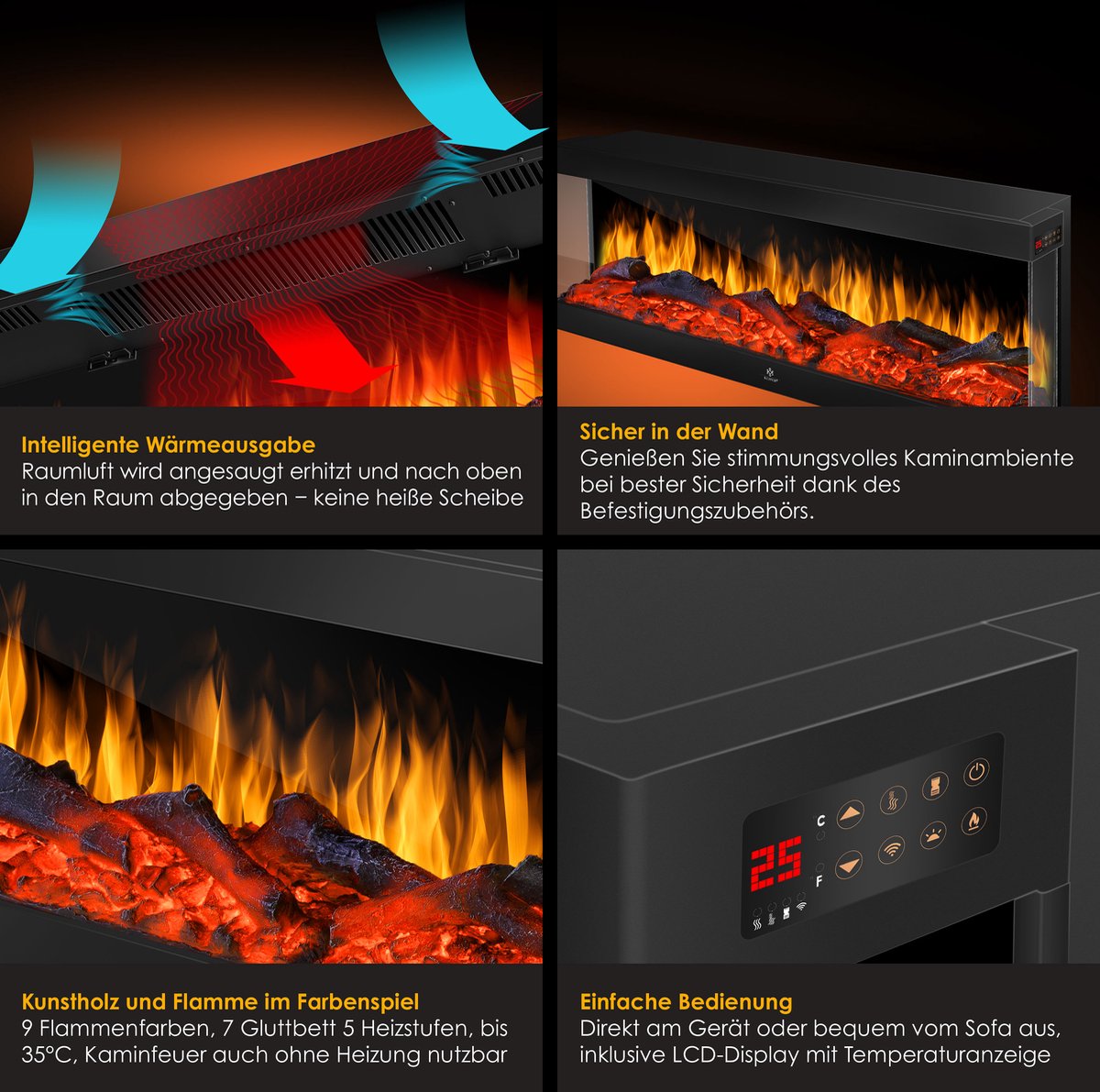 KESSER® Sfeerhaard 1800W Elektrische Haard met LED 3D Vlam Effect ...