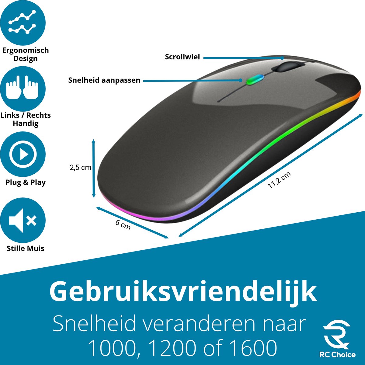 RC Choice Draadloze Computermuis - Draadloos 2.4 GHz USB & Bluetooth 5. ...