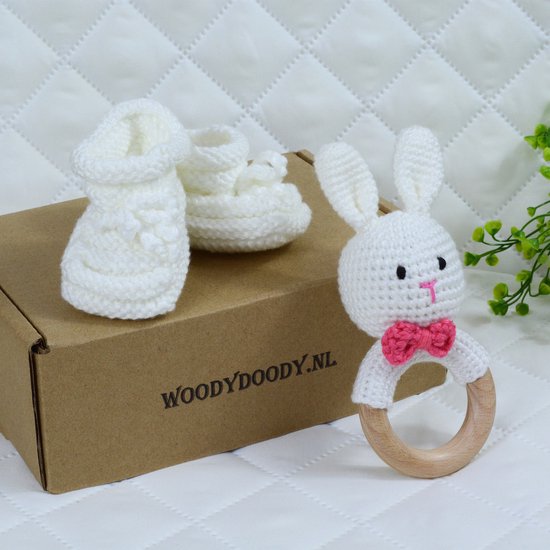 Baby Rammelaar Konijn met Hand Gebreid Zachte Schoentjes Geschenkset ...
