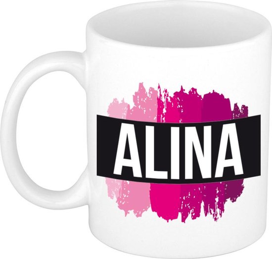 Alina naam cadeau mok / beker met roze verfstrepen - Cadeau collega ...