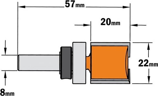 CMT kantenfrees Ø22x20/57mm. (met lager) Z=2 S=Ø8 | bol