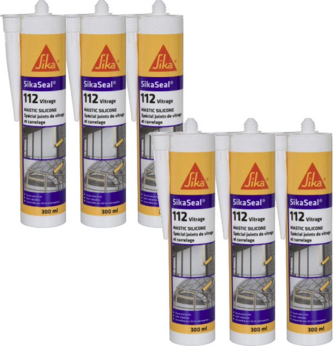 Set van 6 siliconenkit voor ramen - SIKA SikaSeal 112 Beglazing - Zwart ...