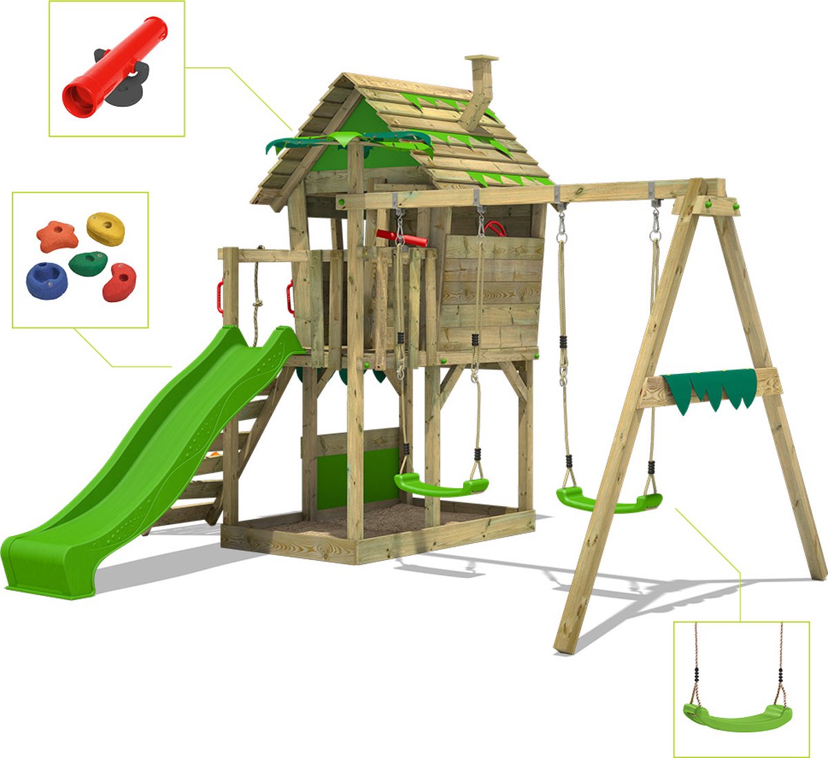 FATMOOSE Speeltoestel JungleJumbo - Speeltoren met groene glijbaan ...