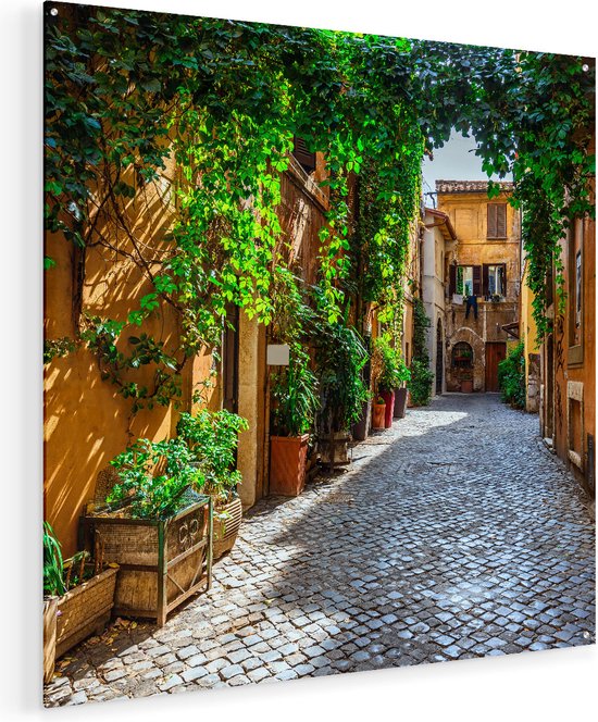 Artaza Glasschilderij - Straatje in Rome met Groene Planten - 90x90 - Groot -... | bol