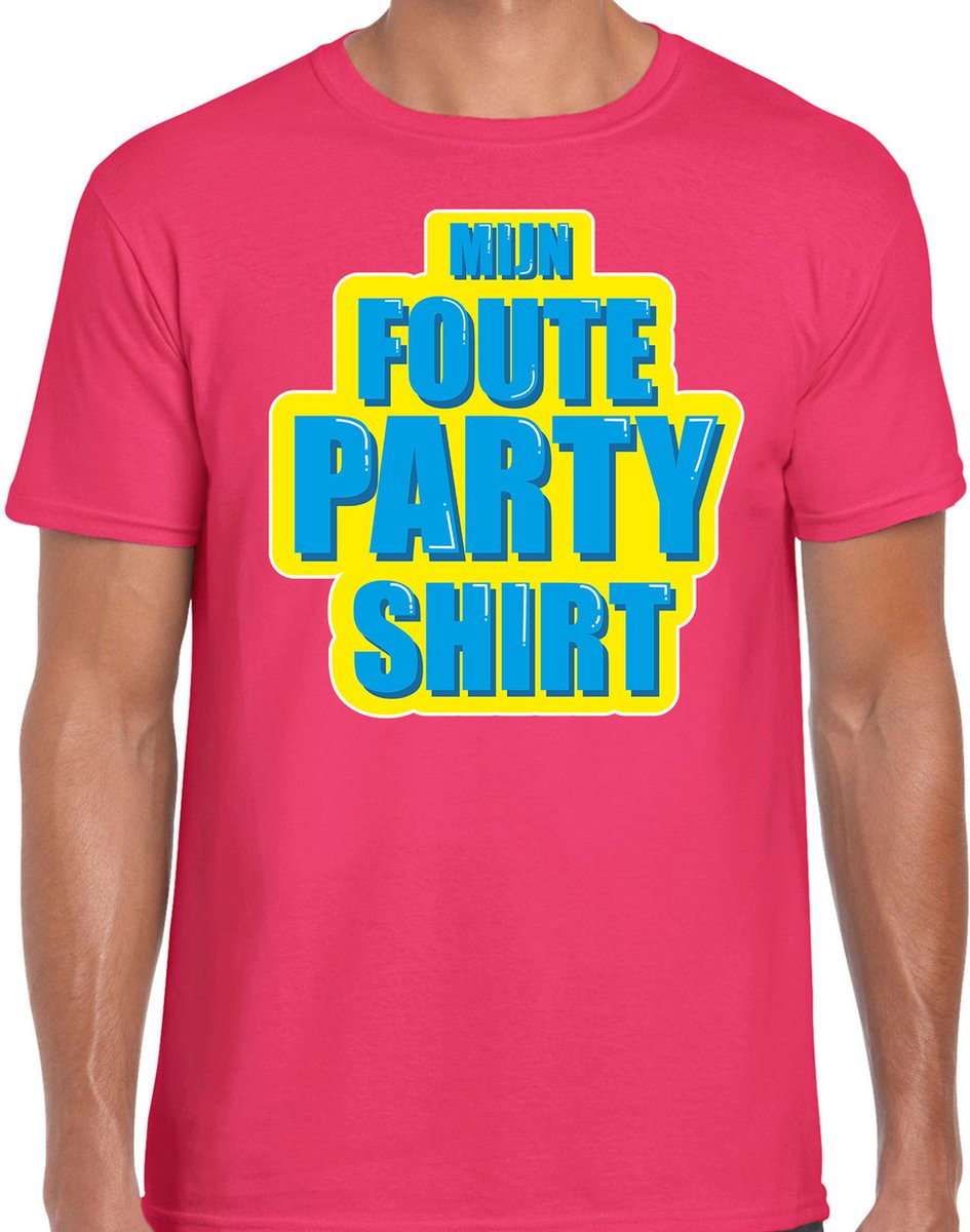 Mijn Foute Partyshirt T Shirt Roze Met Blauw Gele Opdruk Voor Heren