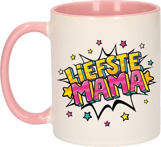 Liefste mama cadeau koffiemok / theebeker wit en roze met sterren - 300 ml - keramiek... | bol