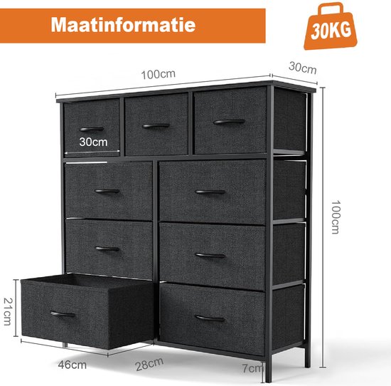 Commode - kast - stoffen ladenkast - opbergkast, 9 laden van stof met ...