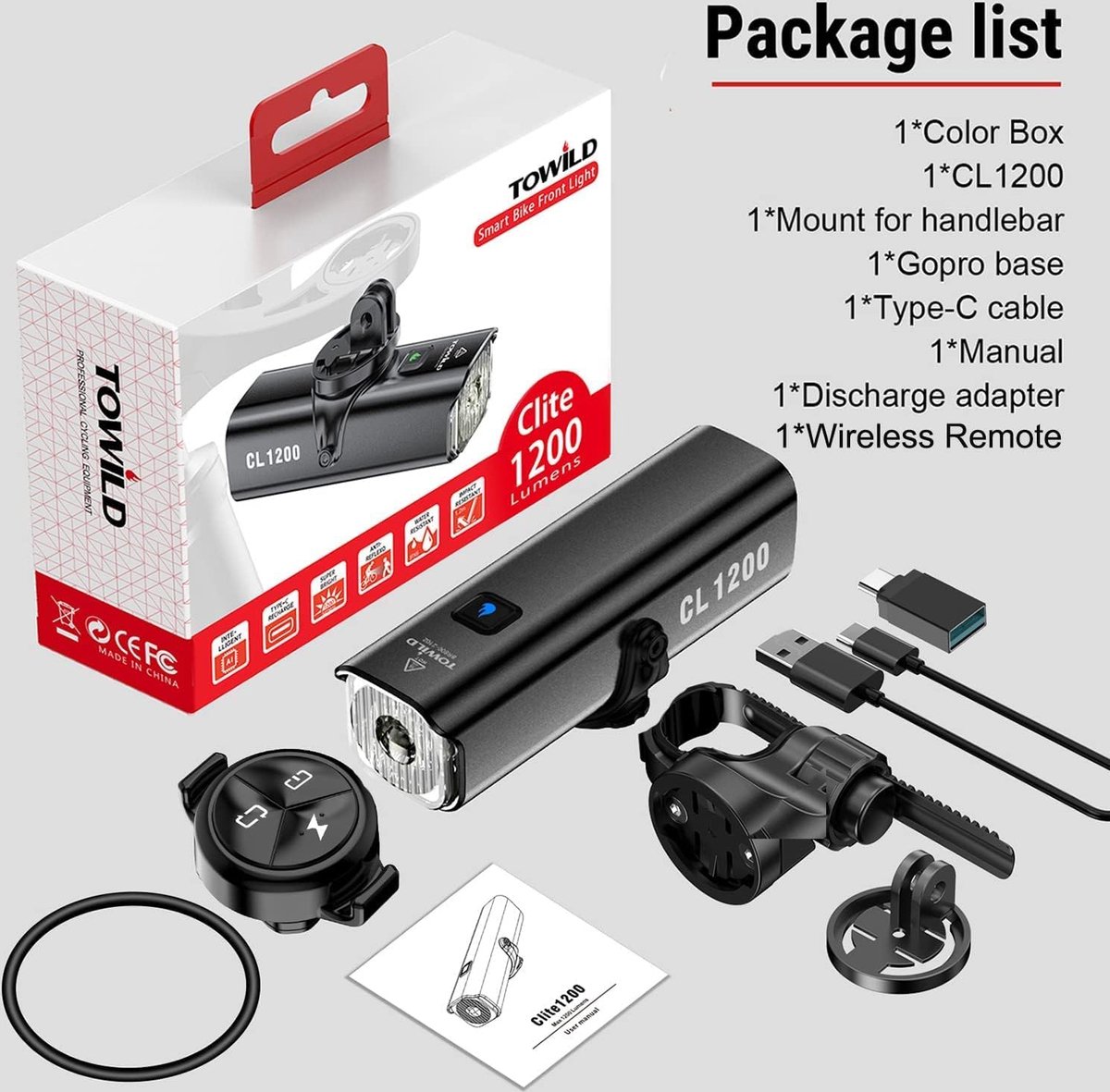 TOWILD CL1200 fietslamp voor nachtrijden Compatibel met Garmin/GoPro ...