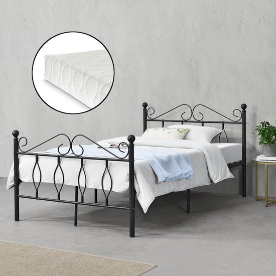 Metalen Bedframe Maria - Met Matras - Zwart - 120x200 cm - Staal en ...