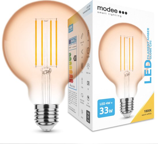 Modee Lighting LED Filament lamp E27 - G95 - 4W vervangt 33W - 1800K zeer warm wit... | bol.com