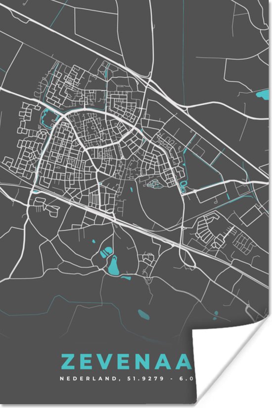 Poster Kaart - Zevenaar - Plattegrond - Stadskaart - 20x30 cm | bol