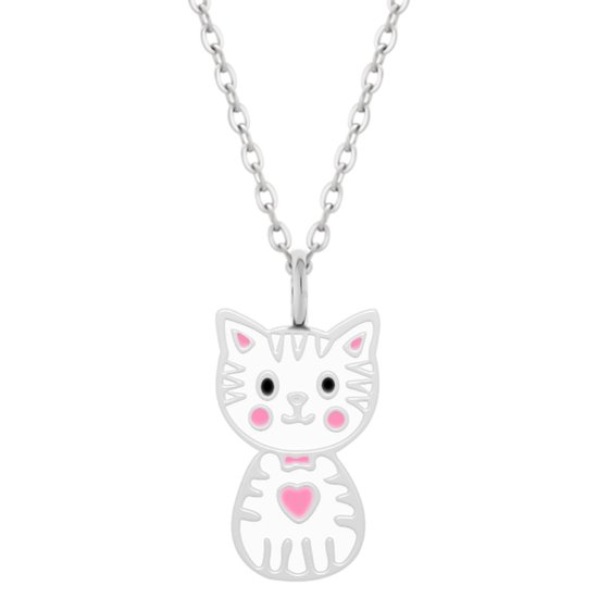 Zilveren ketting meisjes | Zilveren ketting met hanger, wit katje met ...