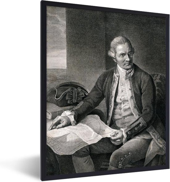 Fotolijst incl. Poster - tekening van een James Cook met kaart - 60x80 ...