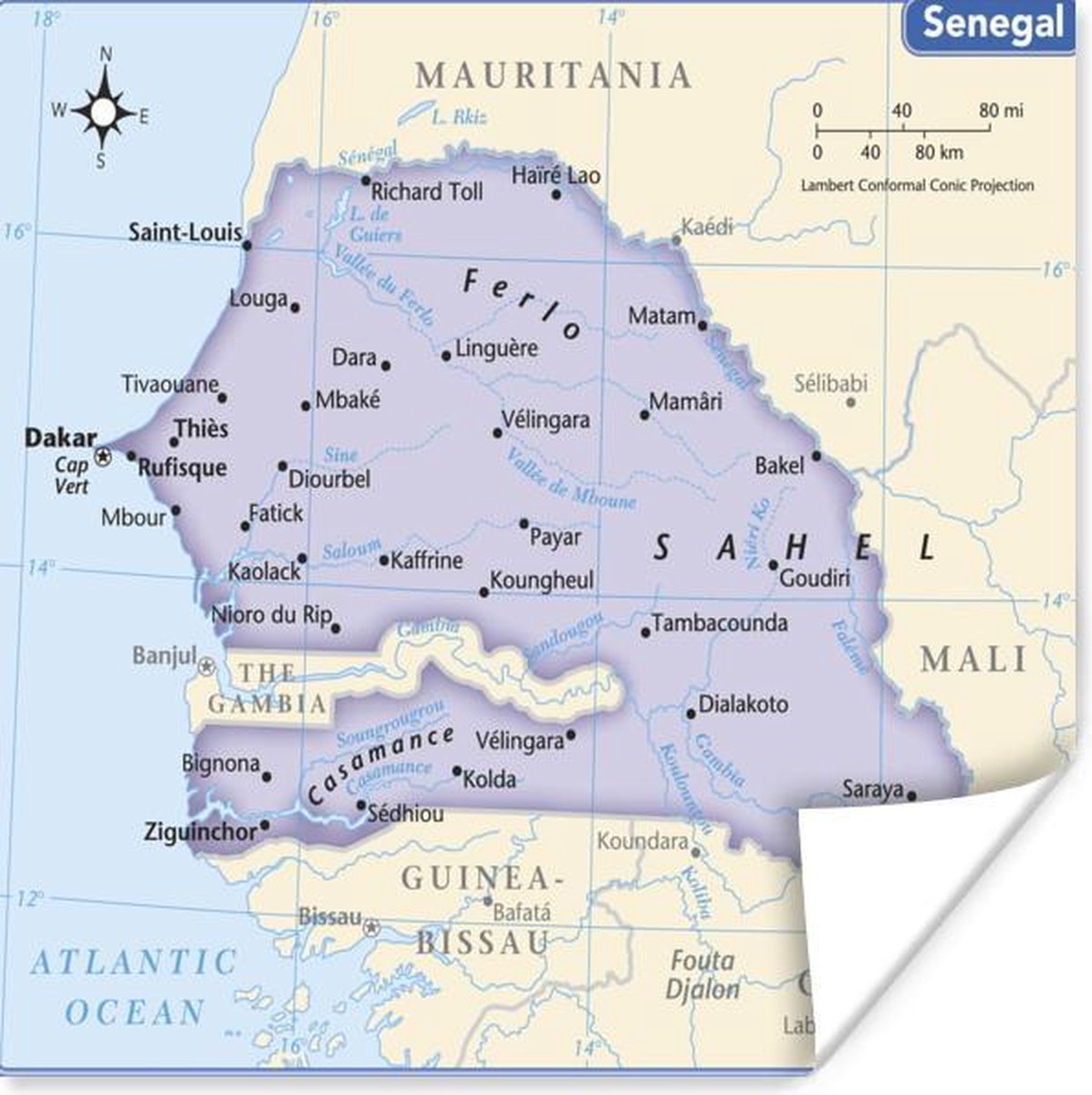 Poster tekening van een kaart van Senegal met een blauwe rand - 40x30 ...