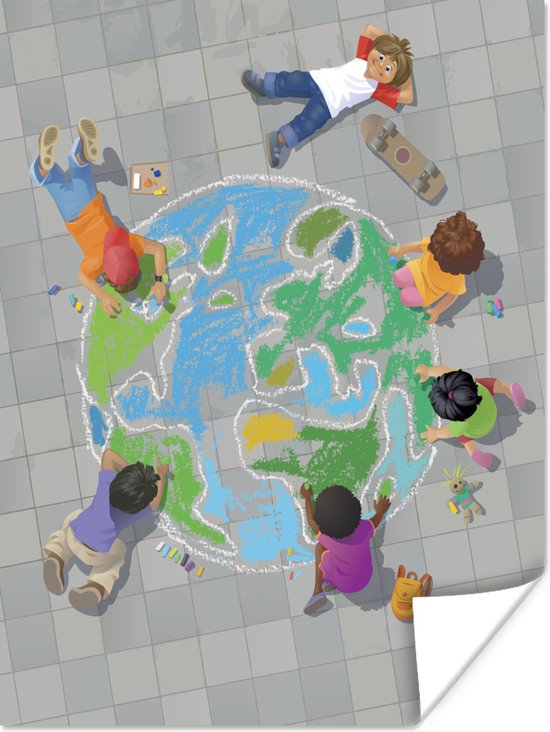 Poster tekening van kinderen die op straat tekenen - 60x80 cm | bol.com