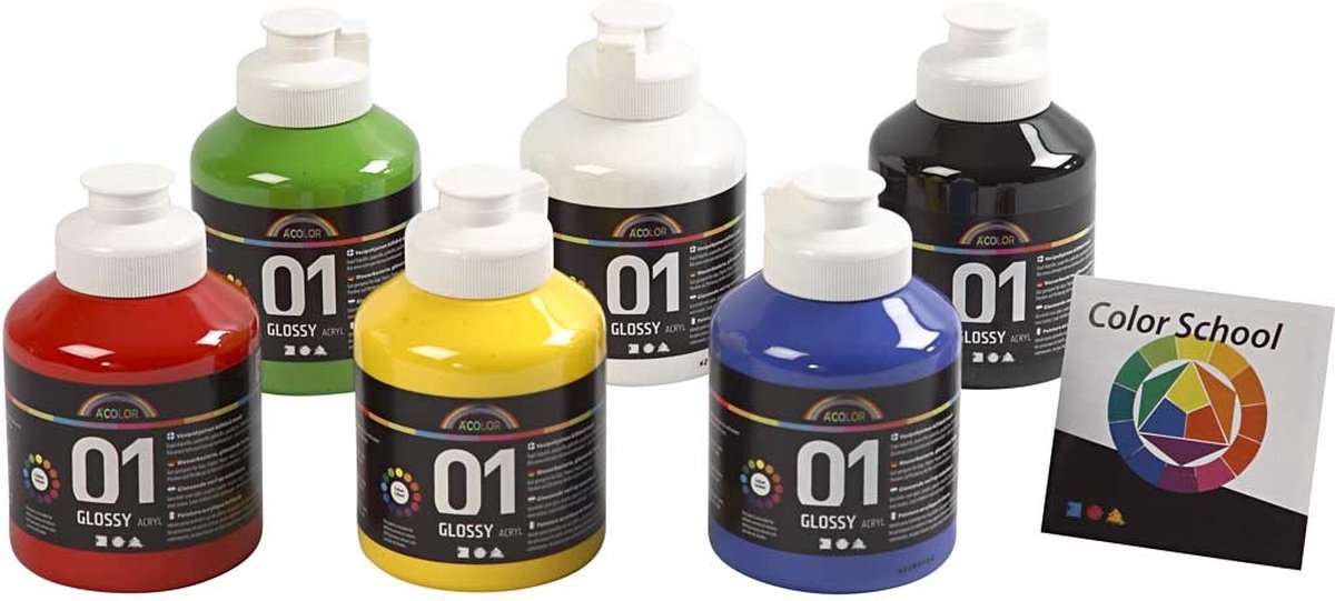 School acrylverf glossy. glossy. primair kleuren. 6x500 ml/ 1 doos ...