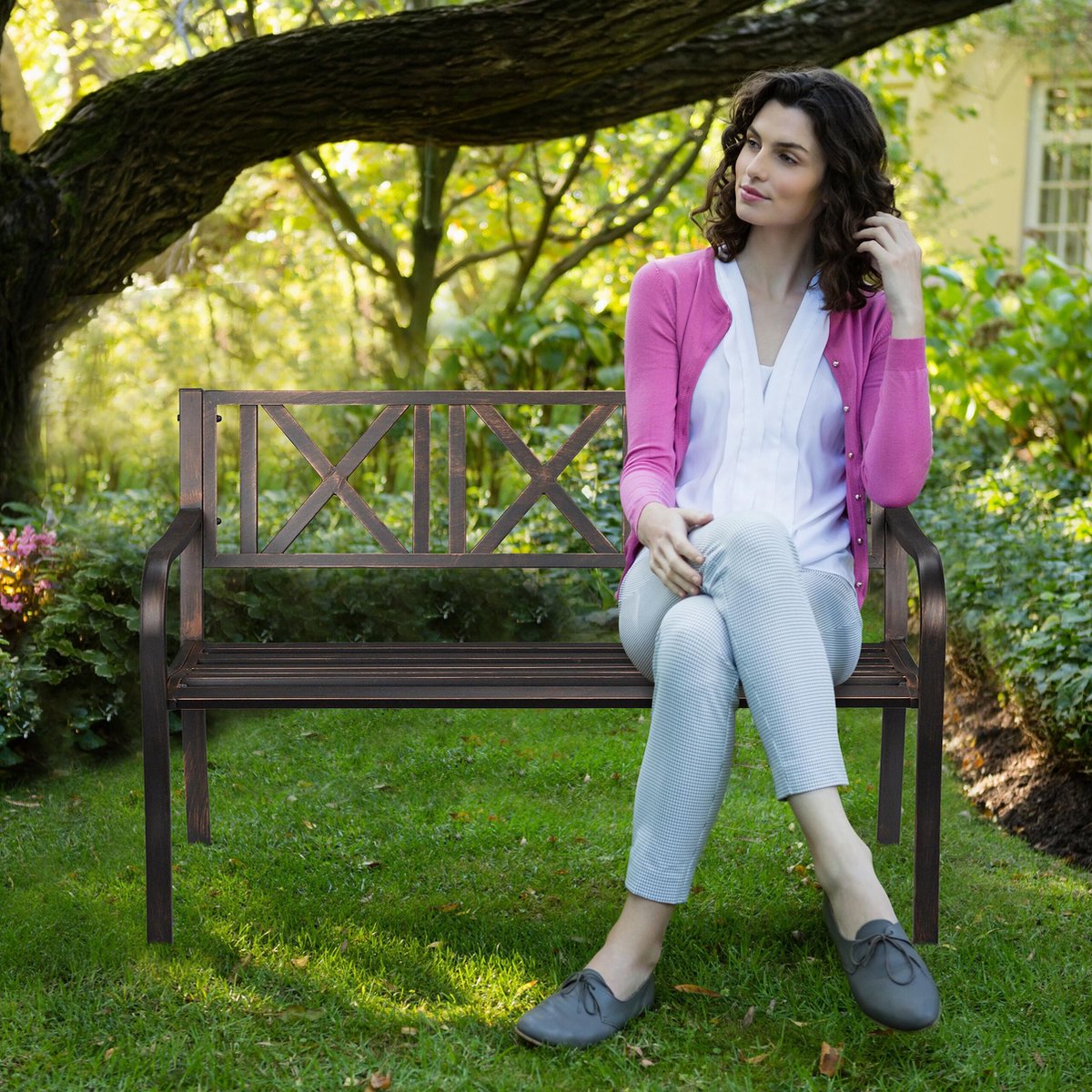 Relaxdays tuinbank 2 zits - metalen buitenbank - bankje voortuin ...