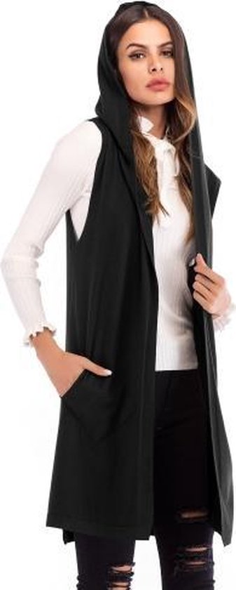 Effen kleur mouwloos vest gebreid vest lange hoodie trui (kleur: zwart ...