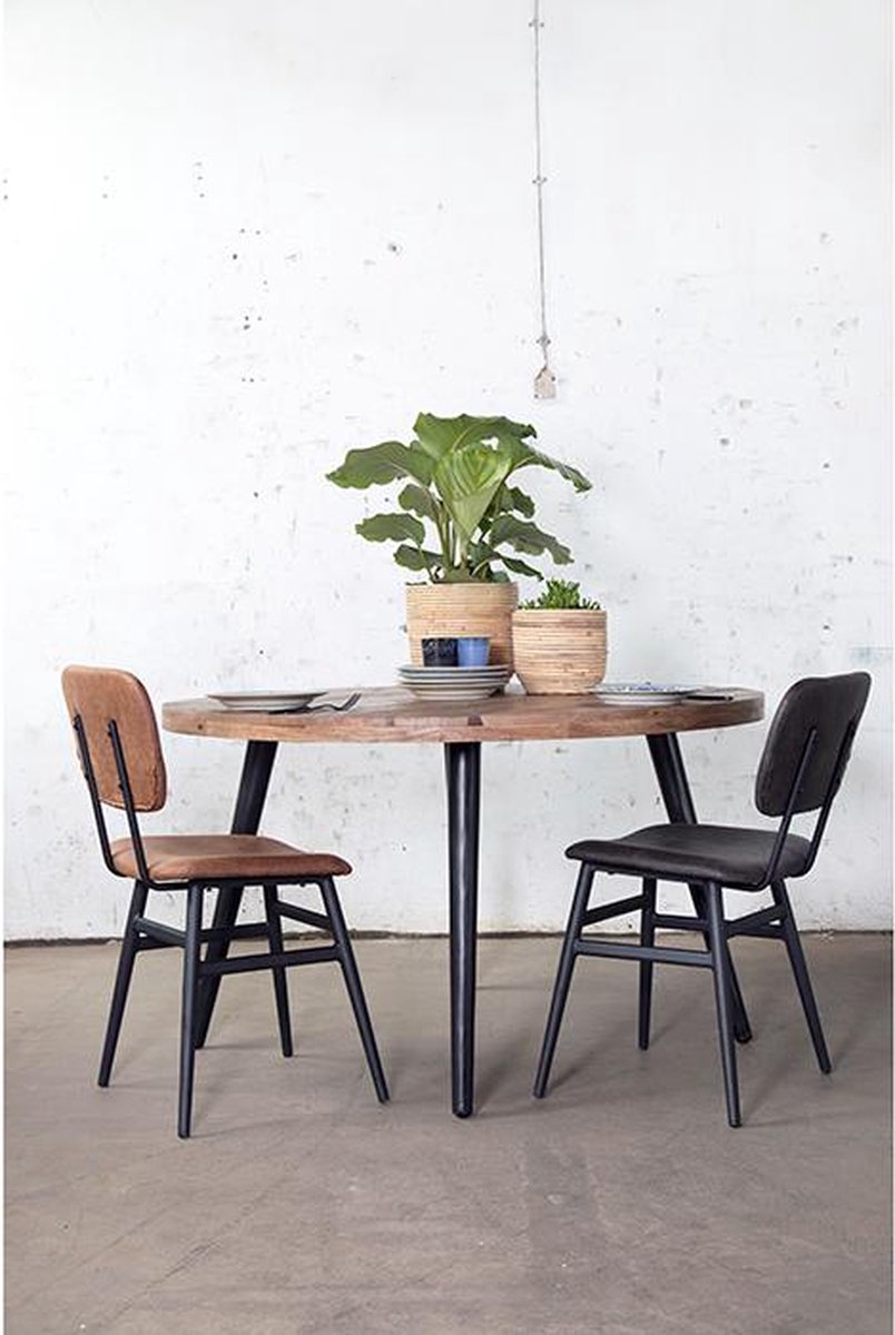 Ronde Eettafel ⌀130cm - Dikte Blad 5cm - Zwart & Bruin - Metaal & Hout ...