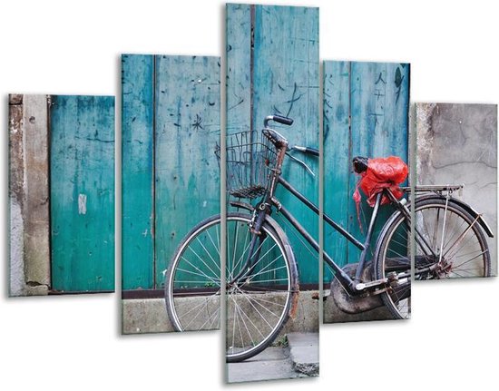 Glasschilderij - Fiets - Blauw, Groen, Grijs - 100x70cm 5Luik - Geen ...