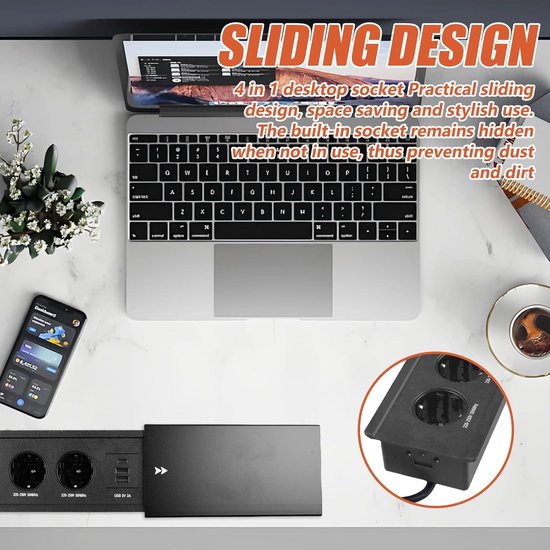 4-in-1 tafelstopcontact met 2 USB A en 1 Type-C, aluminium tafelblad ...
