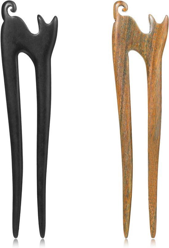 French Hair Pins for Women Handmade Carved U Shape Wooden Cat Hair ...