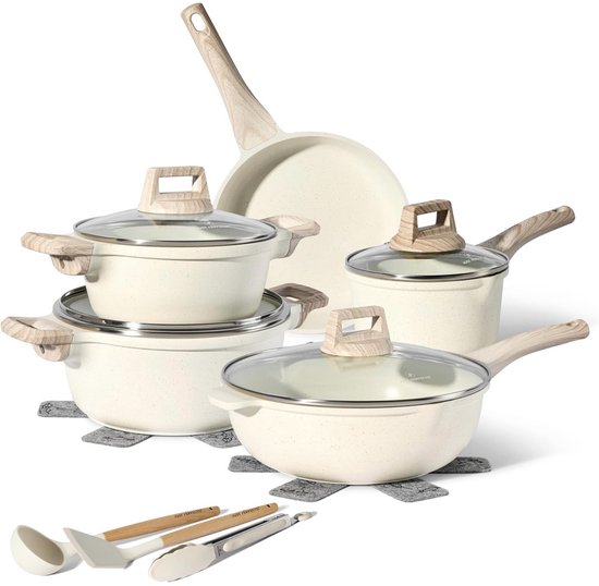 Pannenset - Inductie - Beige - Pannen en pannen set zonder PTFE en PFOA ...