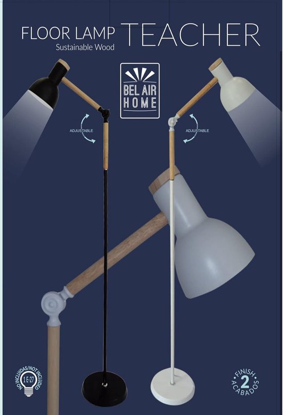 Staande Lamp TEACHER - Modern Design - 1 stuk - Wit - Metaal en Hout | bol