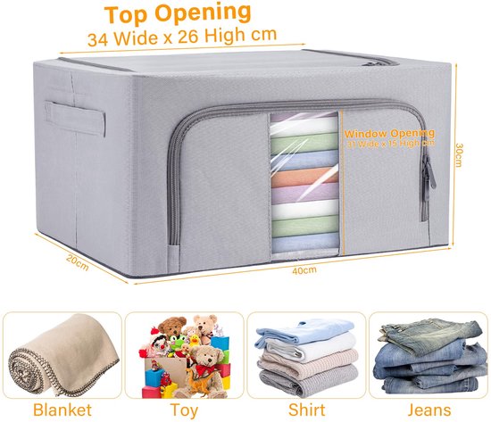 Stevige Opvouwbare Kledingopbergdozen Set van 3 met Metalen Frame en Rits, 72L Capaciteit | bol