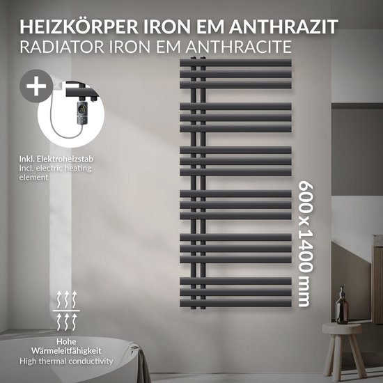 LuxeBath elektrische design radiator Iron 600 x 1400 mm antraciet ...