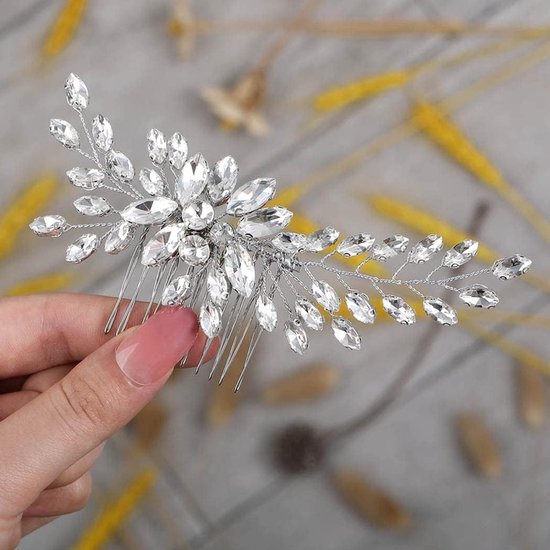 Elegante Bruids Haarkam met Kristallen en Zilveren Bladeren ...