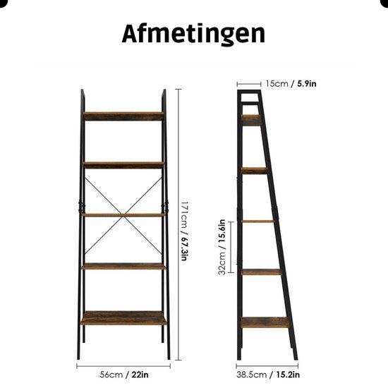 Boekenrek - Ladderkast - Ladderrek - Plantenkast - 56x38.5x171cm ...