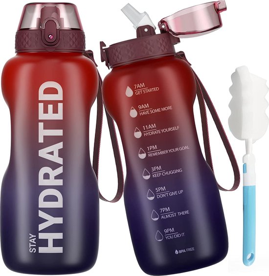 2 liter, grote drinkflessen voor sport met rietje en tijdmarkeringen ...