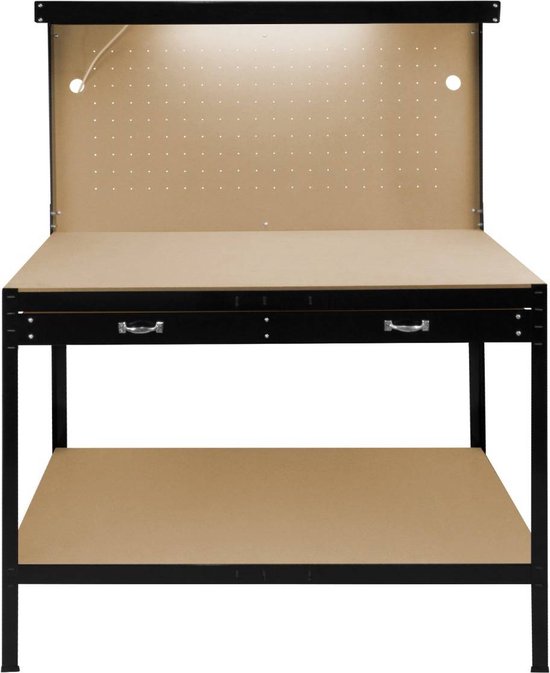 Werkbank Werktafel - 120x60x155 cm - Achterwand Ophangbord + Lade + LED ...
