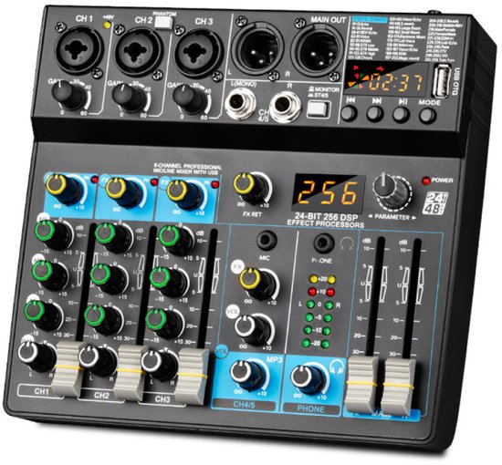 Professionele Mengtafel 6 Kanalen – Audio Mixer met USB, Bluetooth, MP3 ...