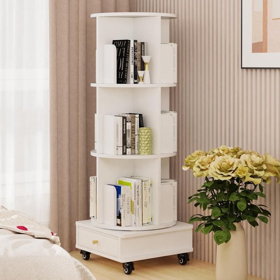 3-Layer Rotating Bookshelf with Locking Wheels & Drawer - Wooden Corner ...