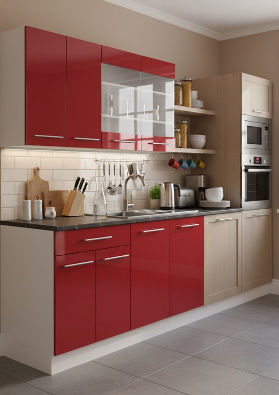 Single Keukenblok 140x60x82 cm – Moderne Bordeaux Hoogglans / Wit Mini ...