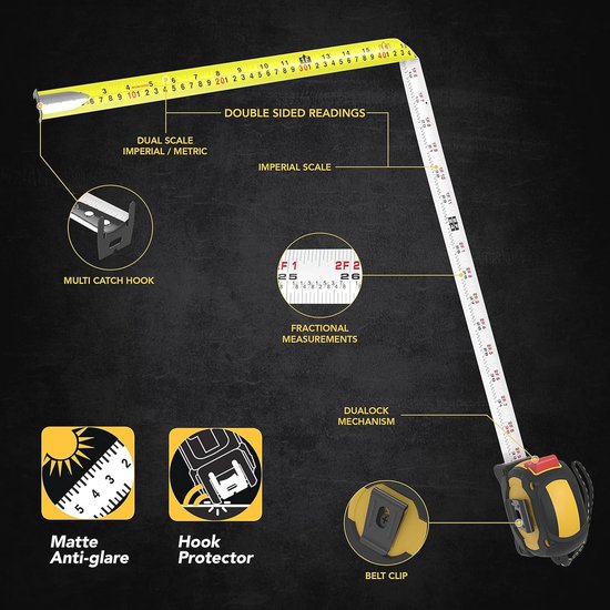Tape Measure 25Ft/7.5m Dual Sided with Nylon Coating - Accurate and ...