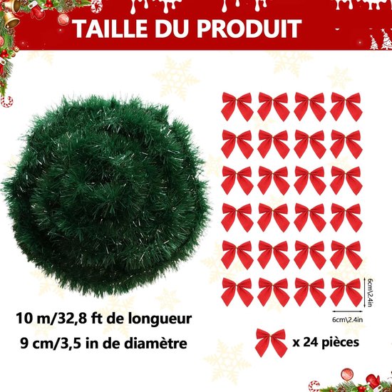 Slinger Kerstmis 10 m + 24 stuks kerststrikken rood, kunstmatige ...