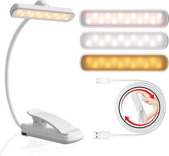 Verstelbare LED Leeslamp met 3 Kleuren en 5 Helderheidsniveaus ...