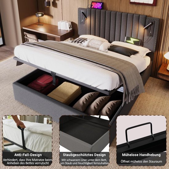 Boxspringbed 140x200 cm met Opbergruimte en Verstelbaar Hoofdbord ...