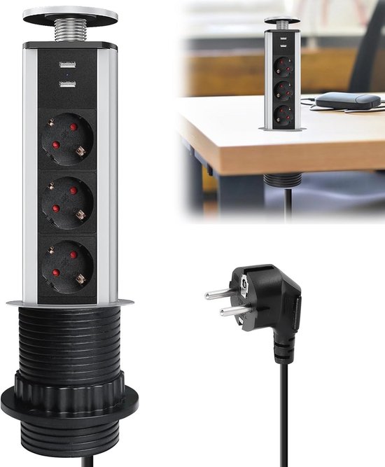 Inschuifbaar Tafelstopcontact met 2 USB en 3 Stopcontacten voor ...