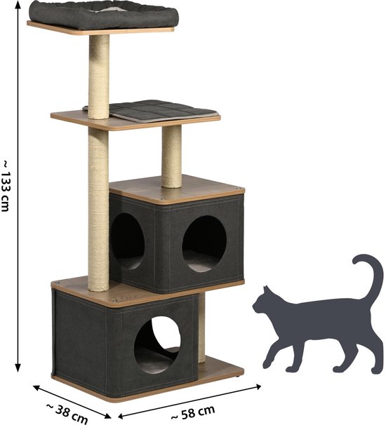 Unyqoos® Houten krabpaal met sisal en antracietkleurige bekleding voor ...