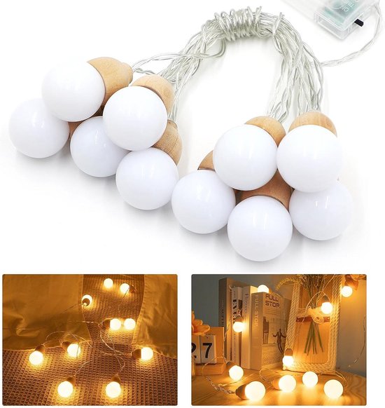 Lichtketting met 10 Warme Witte Ballen op Batterij (2M) - Inclusief ...