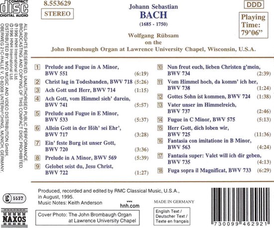 Wolfgang Rübsam - Organ Chorales / Preludes & Fugues (CD), Wolfgang ...