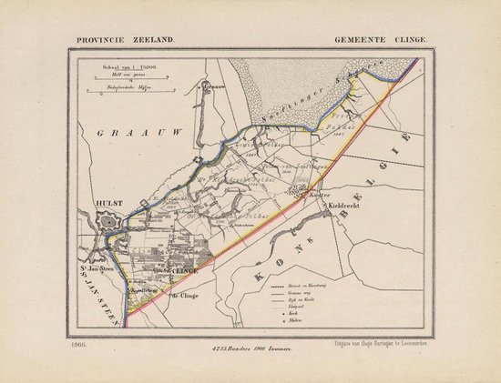 Historische kaart, plattegrond van gemeente Clinge in Zeeland uit 1867 ...