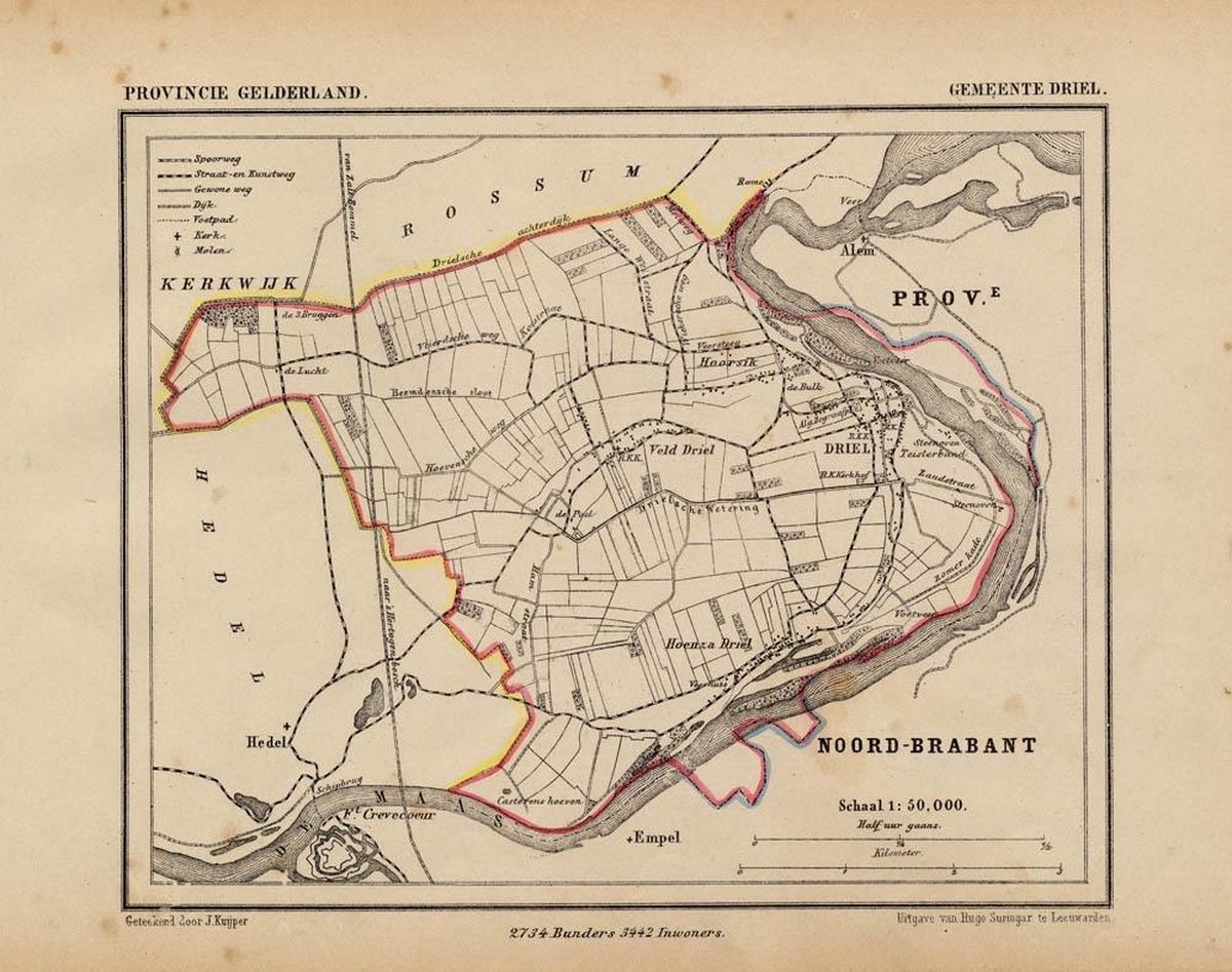 Historische kaart, plattegrond van gemeente Driel (in den Bommelerwaard ...