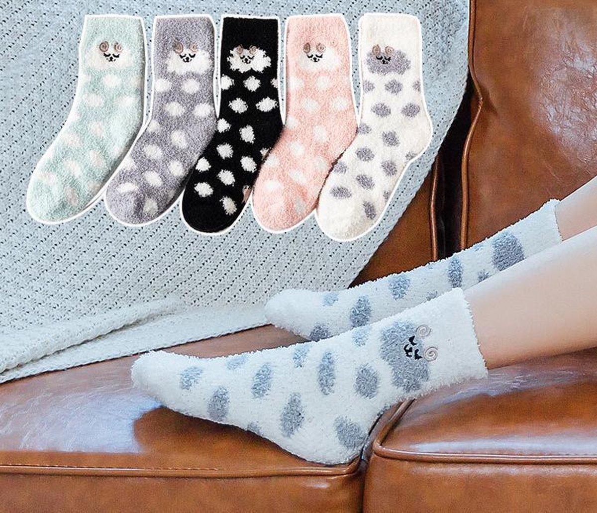 Warme sokken dames - huissokken - fluffy sokken - 5 paar - print ...